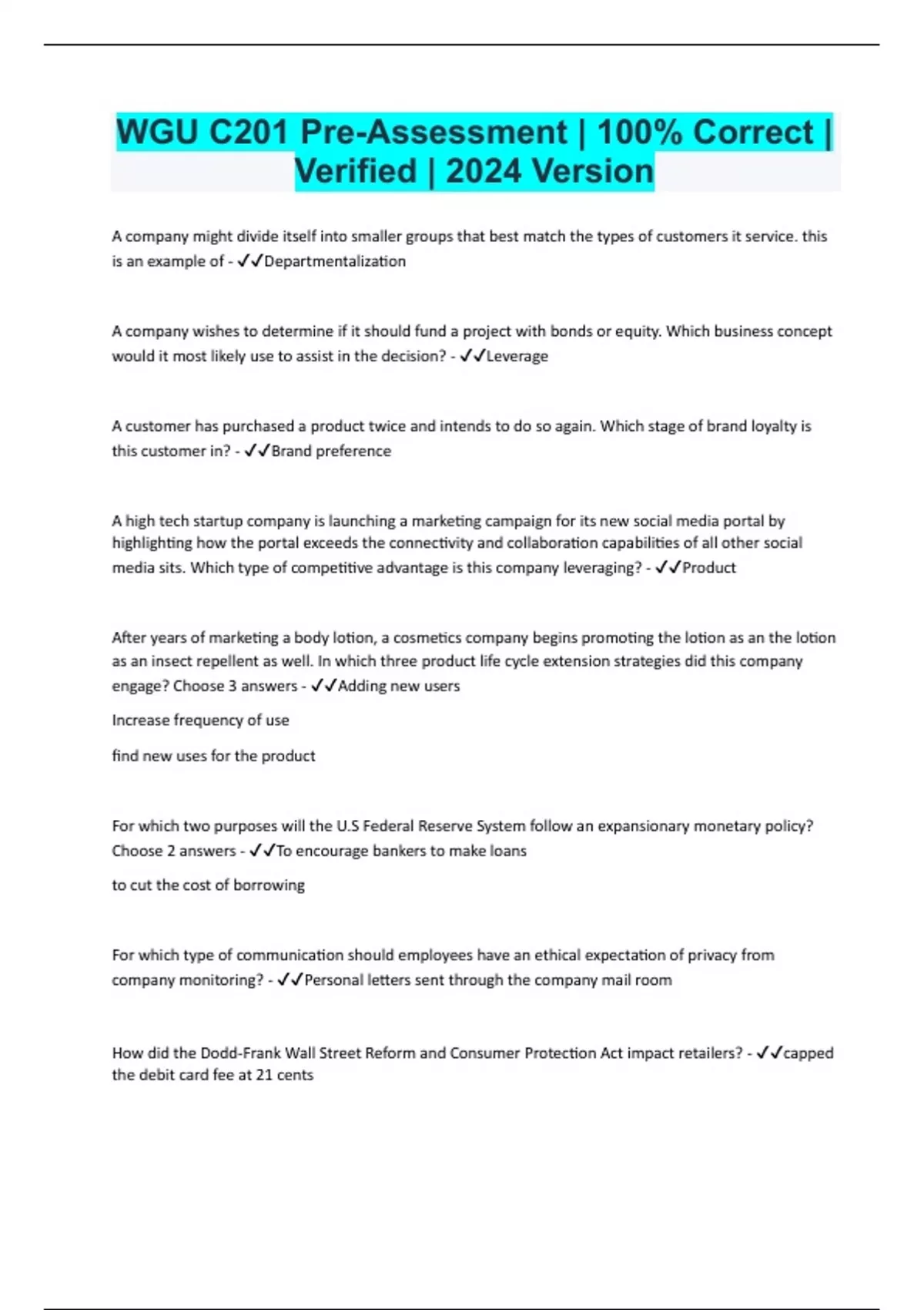 WGU C201 Pre-Assessment | 100% Correct | Verified | 2024 Version - 2024 ...