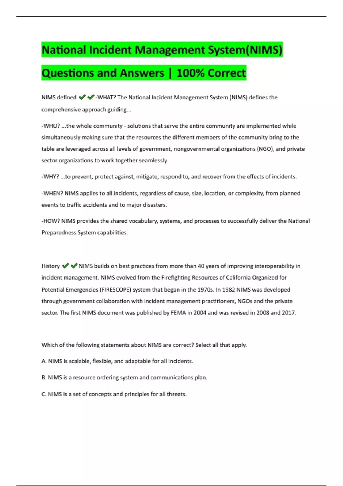 National Incident Management System(NIMS) Questions and Answers | 100% ...