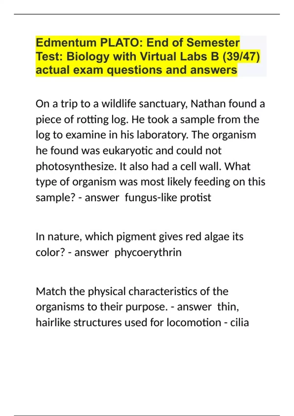 Edmentum PLATO: End of Semester Test: Biology with Virtual Labs B (39/ ...