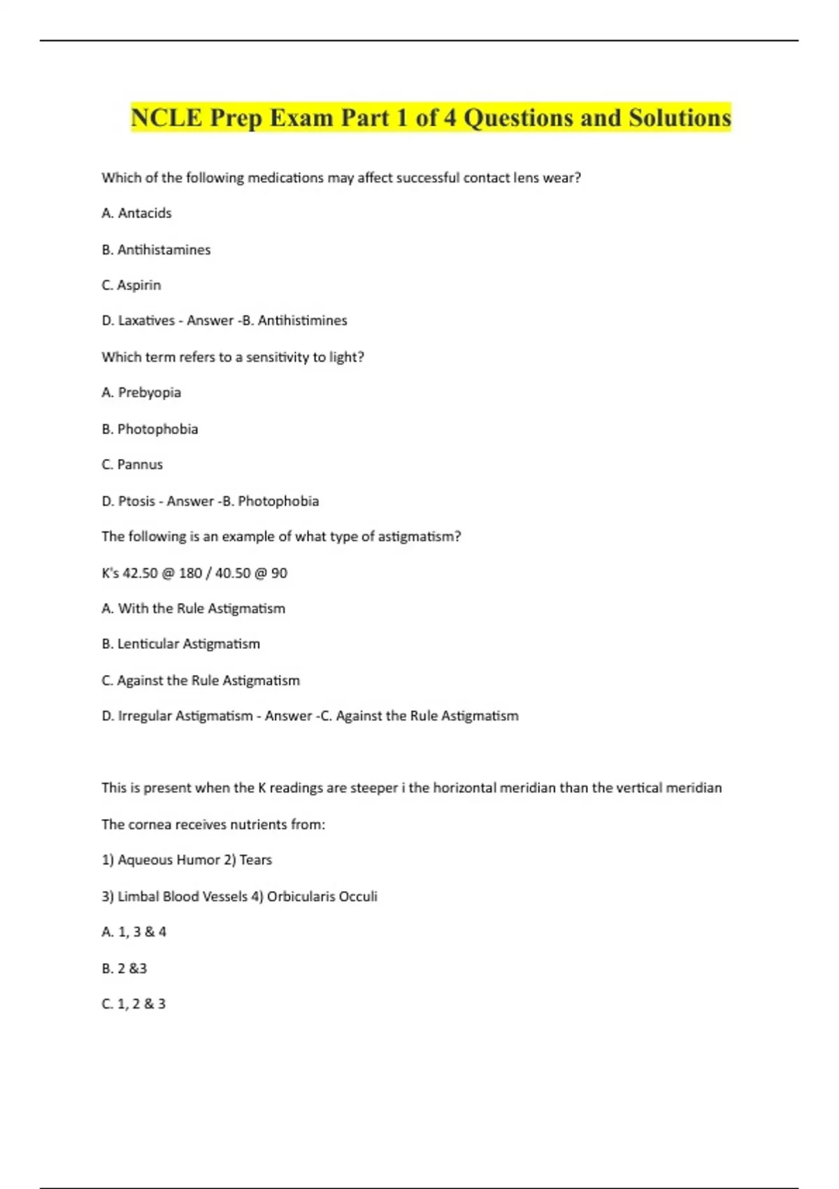 NCLE Prep Exam Part 1 of 4 Questions and Solutions - Ncle practical ...