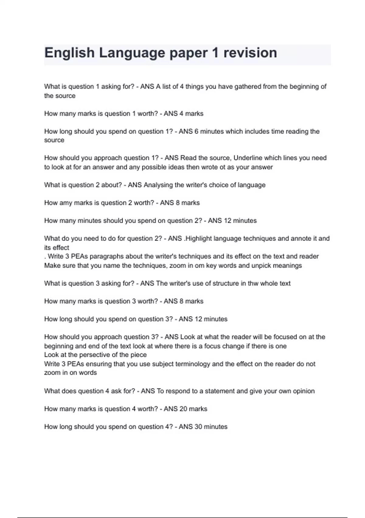 English Language paper 1 revision exam 2024/2025 questions with ...