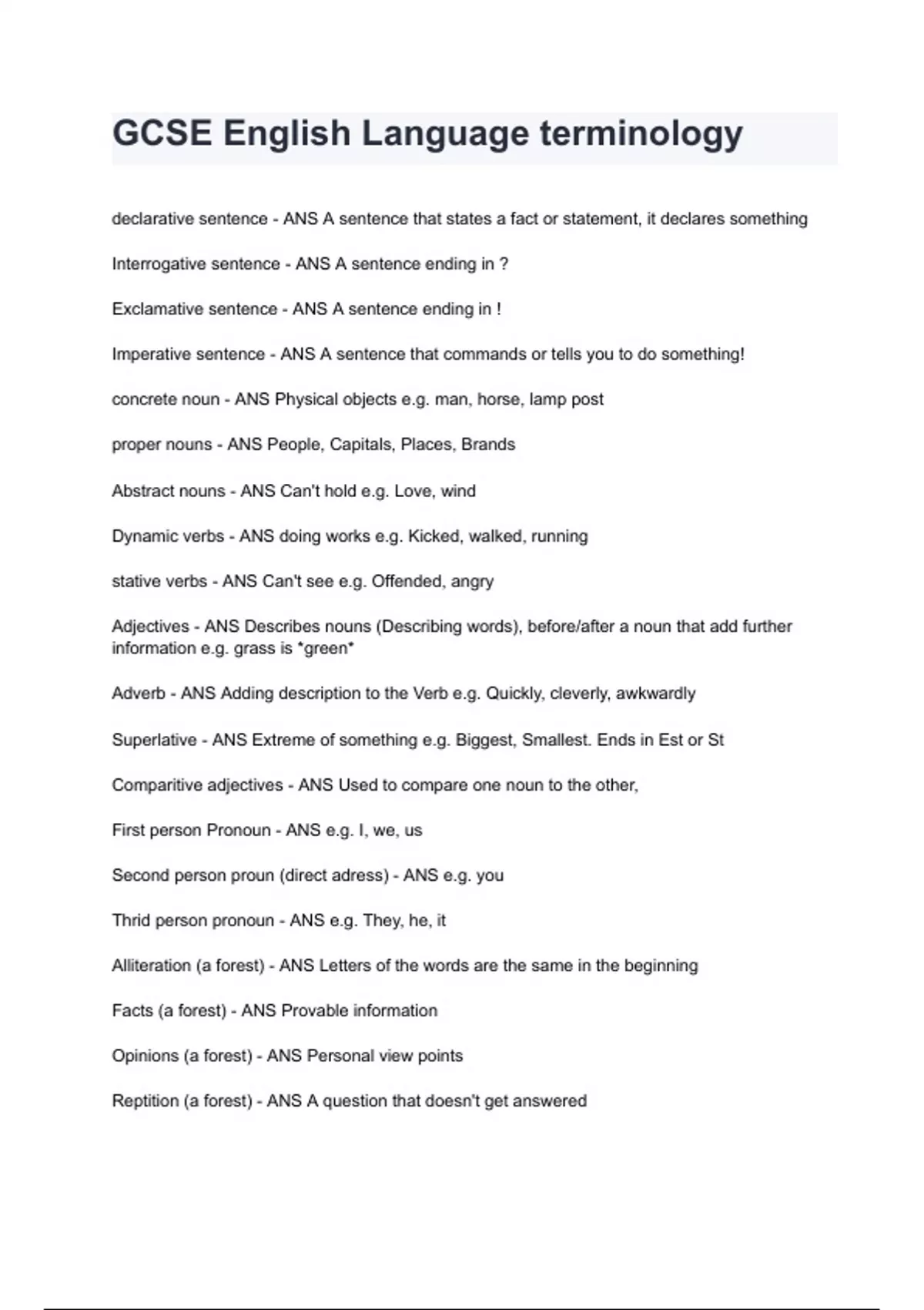 GCSE English Language terminology exam 2024/2025 questions with already ...
