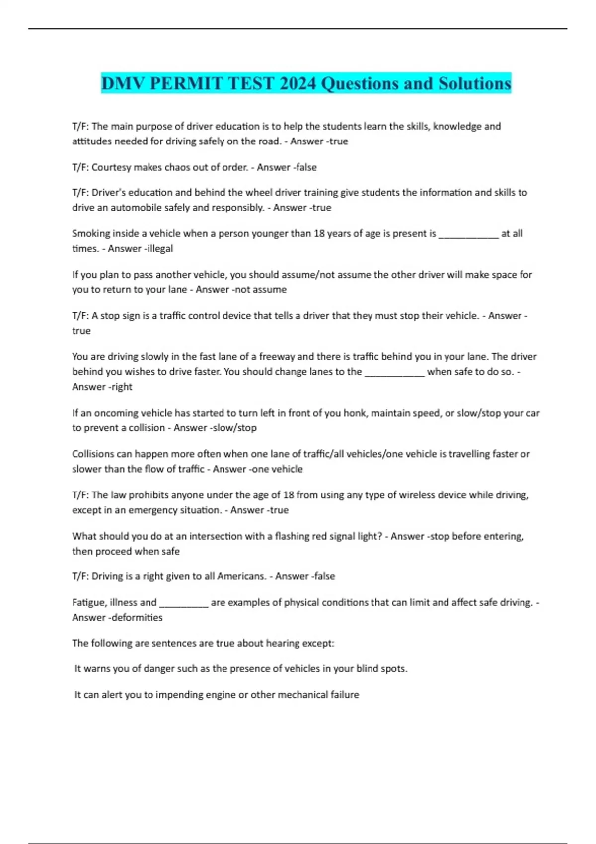 DMV PERMIT TEST 2024 Questions and Solutions - Dmv - Stuvia US