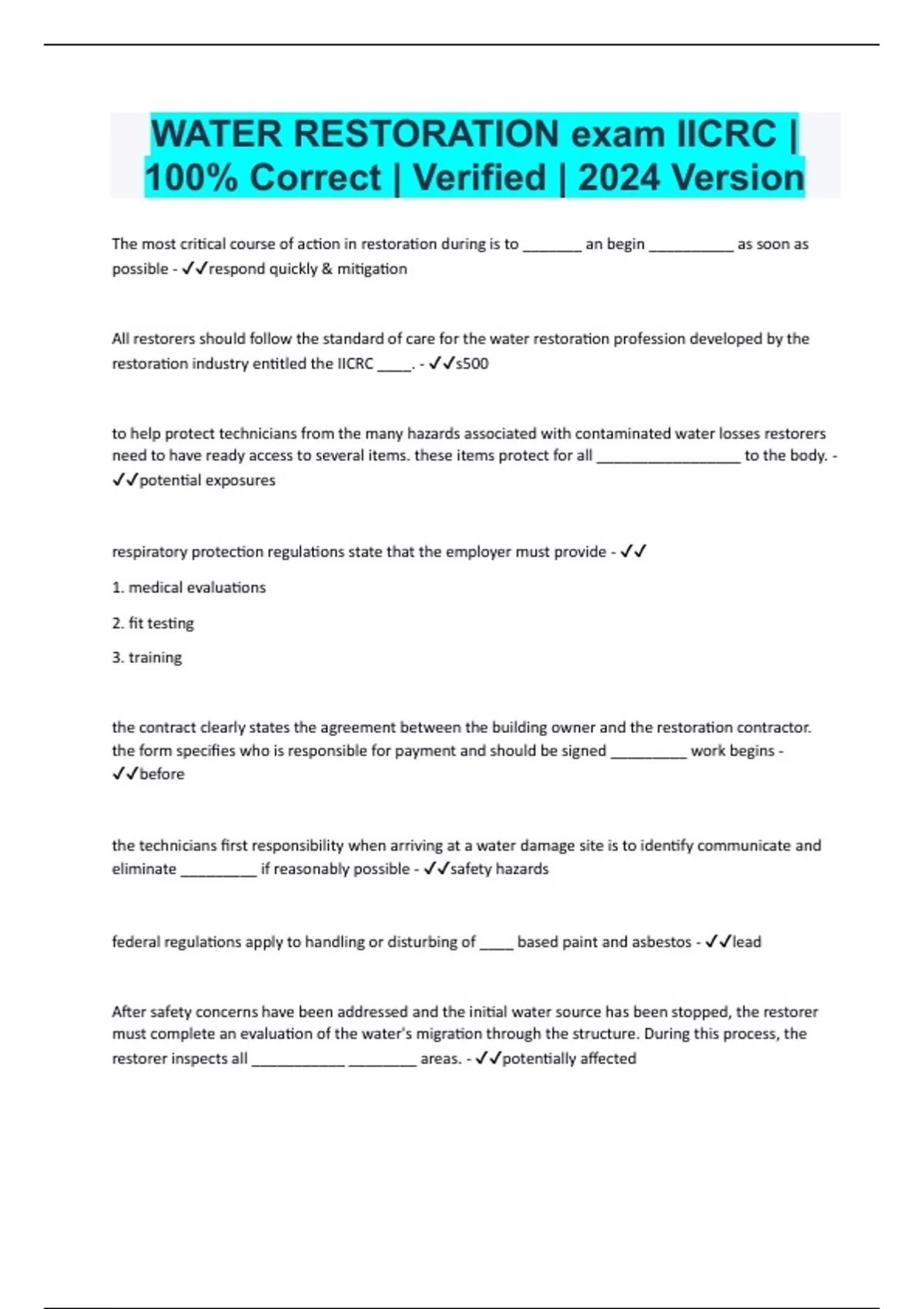 WATER RESTORATION exam IICRC | 100% Correct | Verified | 2024 Version ...