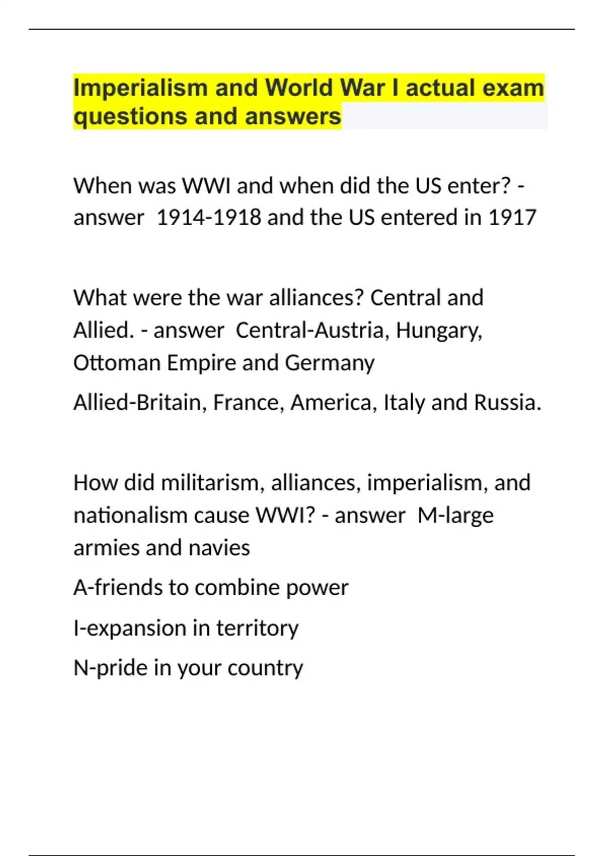 Imperialism and World War I actual exam questions and answers ...