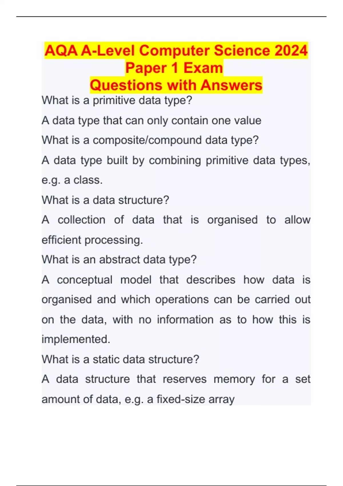 AQA A-Level Computer Science 2024 Paper 1 Exam Questions with Answers - AQA A Level Computer ...