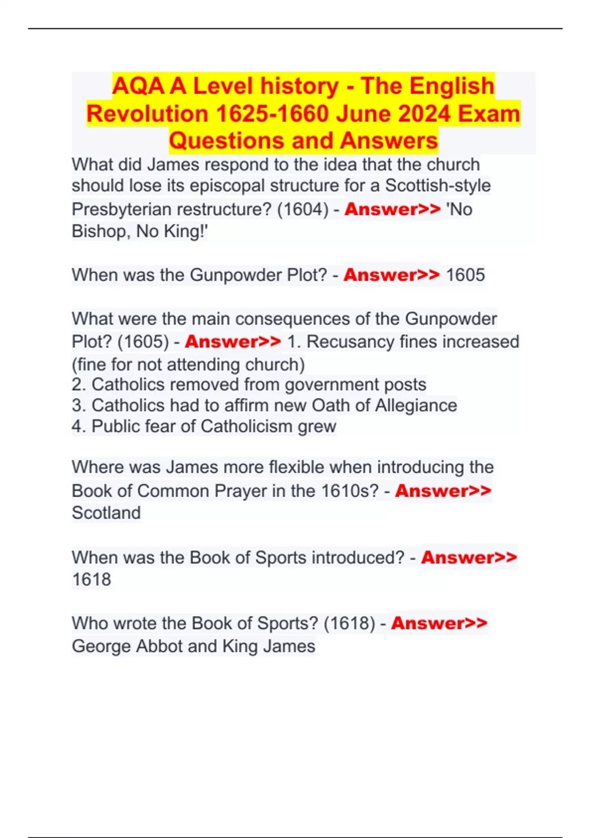 AQA A Level history - The English Revolution June 2024 Exam Questions ...