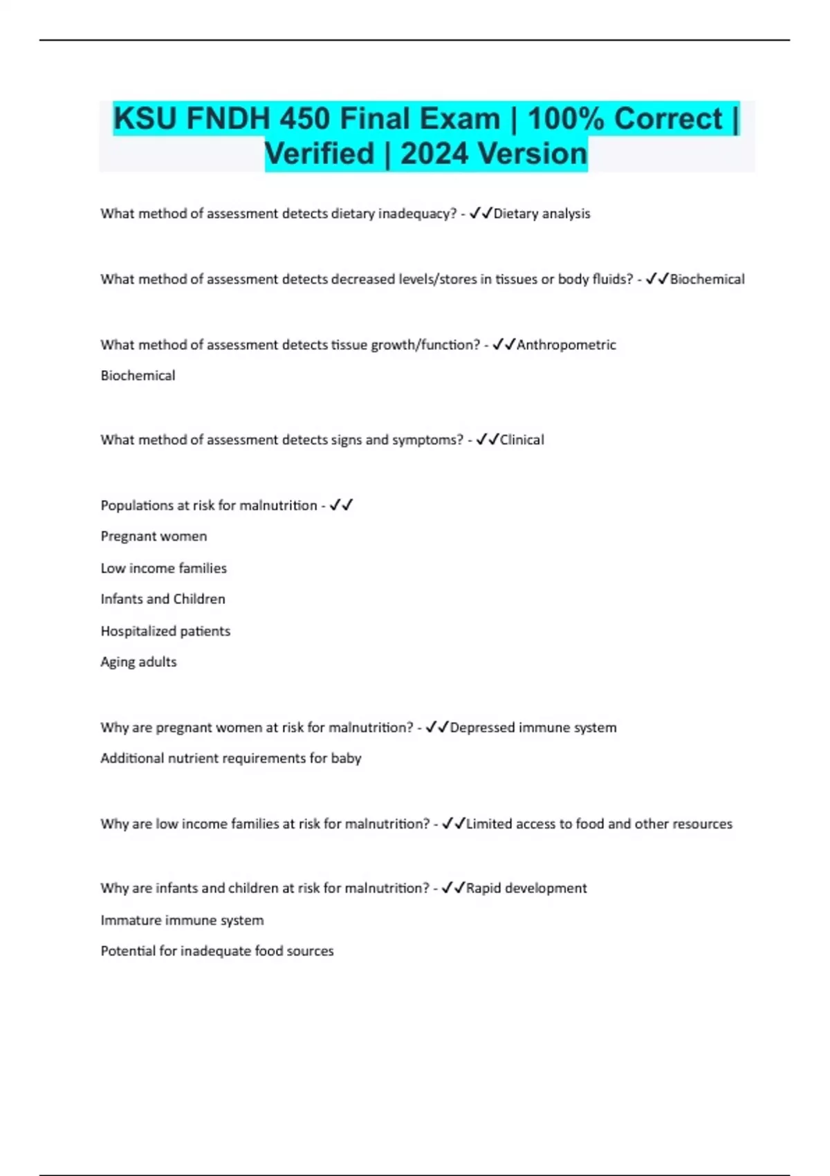 KSU FNDH 450 Final Exam | 100% Correct | Verified | 2024 Version - 2024 ...