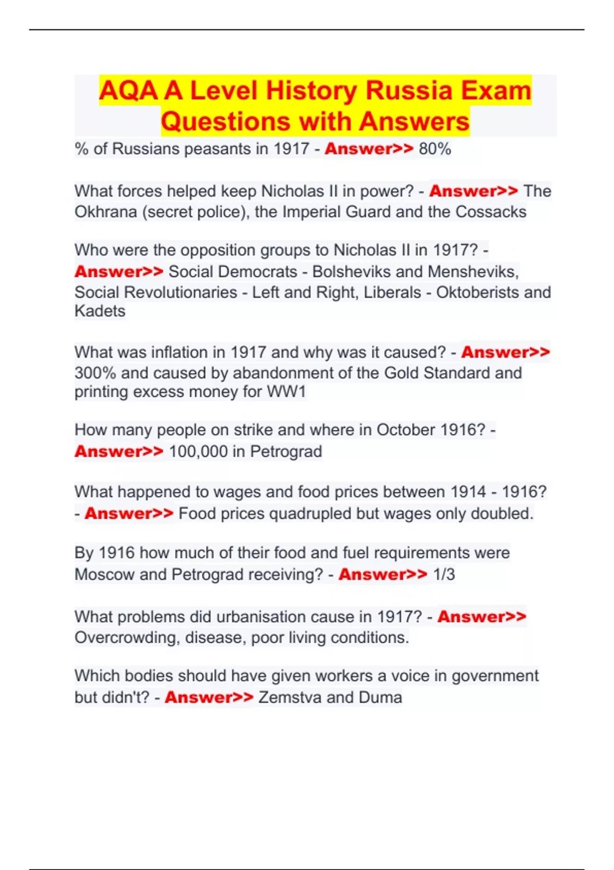 AQA A Level History Russia Exam Questions with Answers - AQA A Level History - Stuvia UK