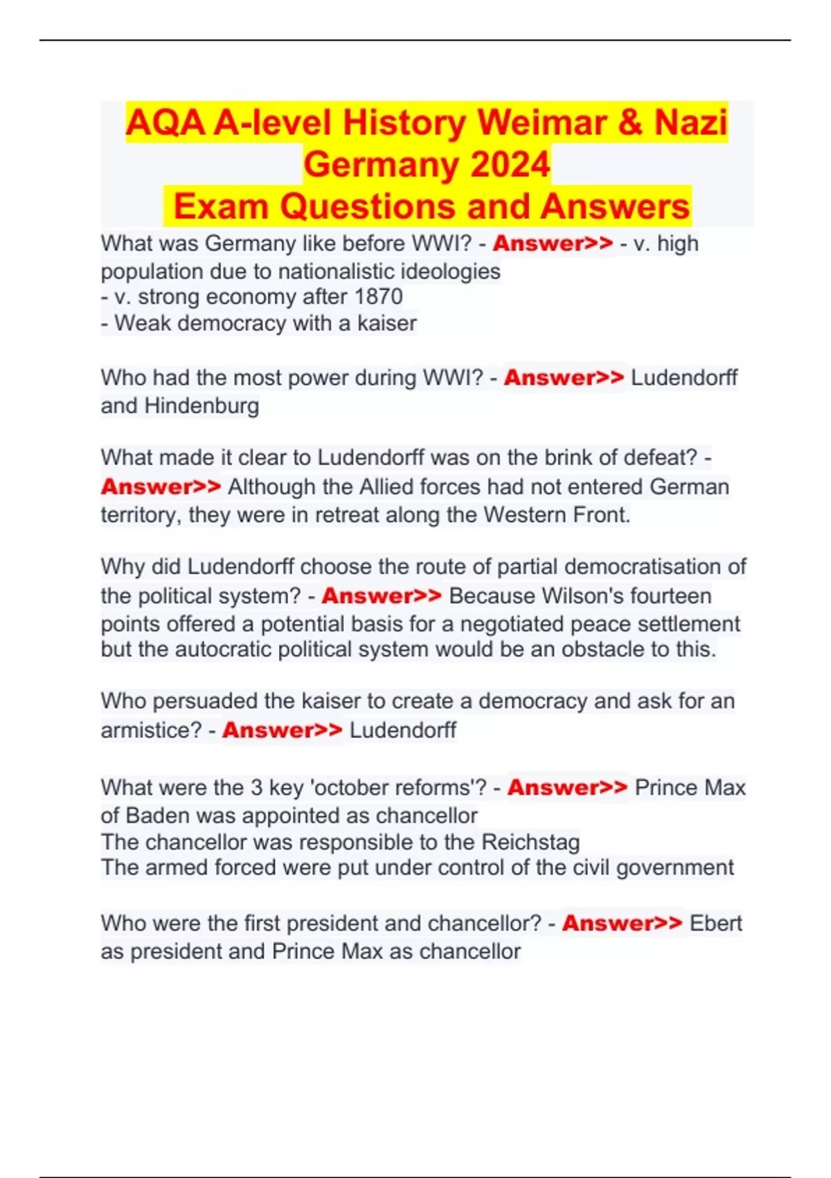 AQA A-level History Weimar & Nazi Germany 2024 Exam Questions and ...