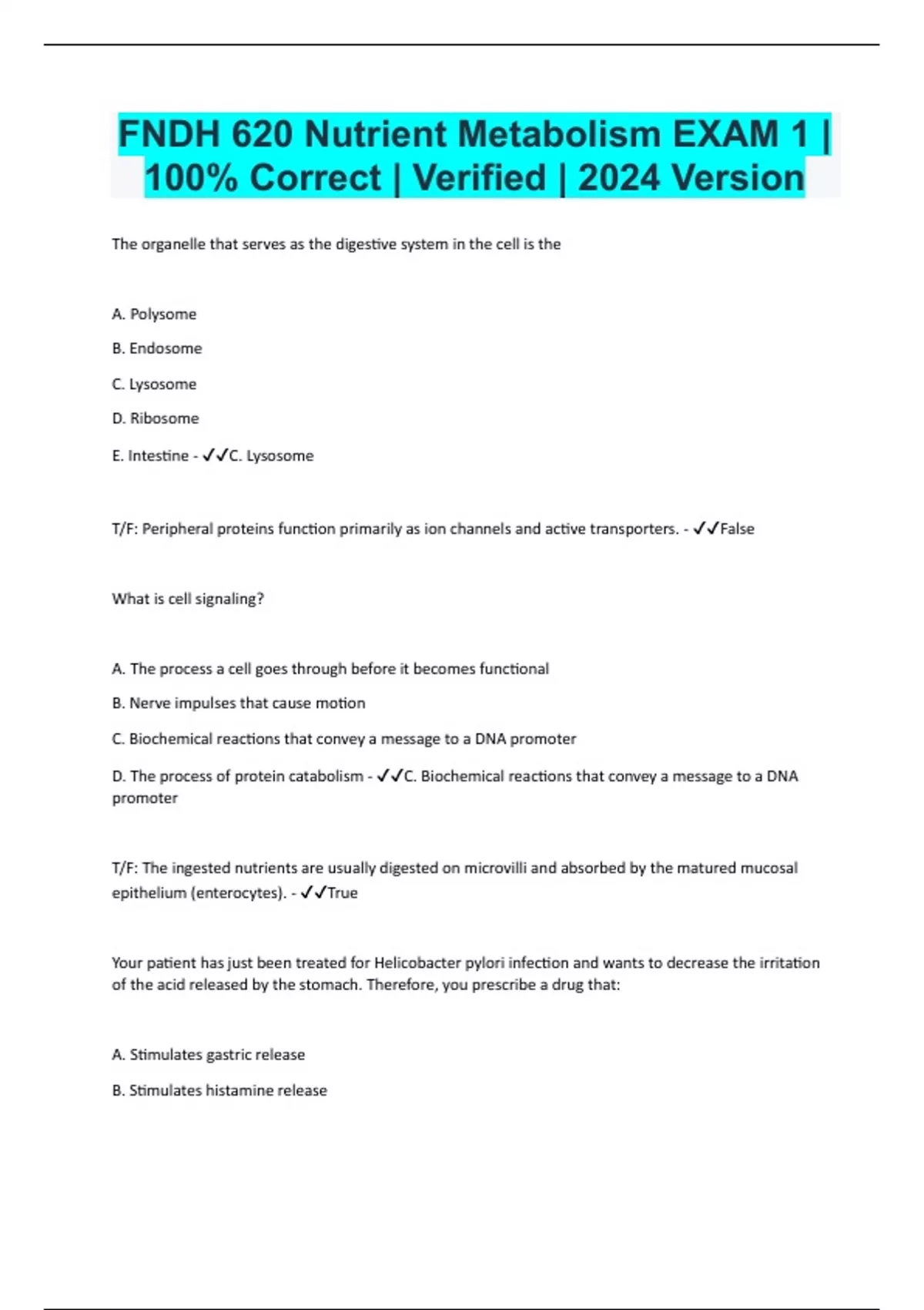 FNDH 620 Nutrient Metabolism EXAM 1 | 100% Correct | Verified | 2024 ...