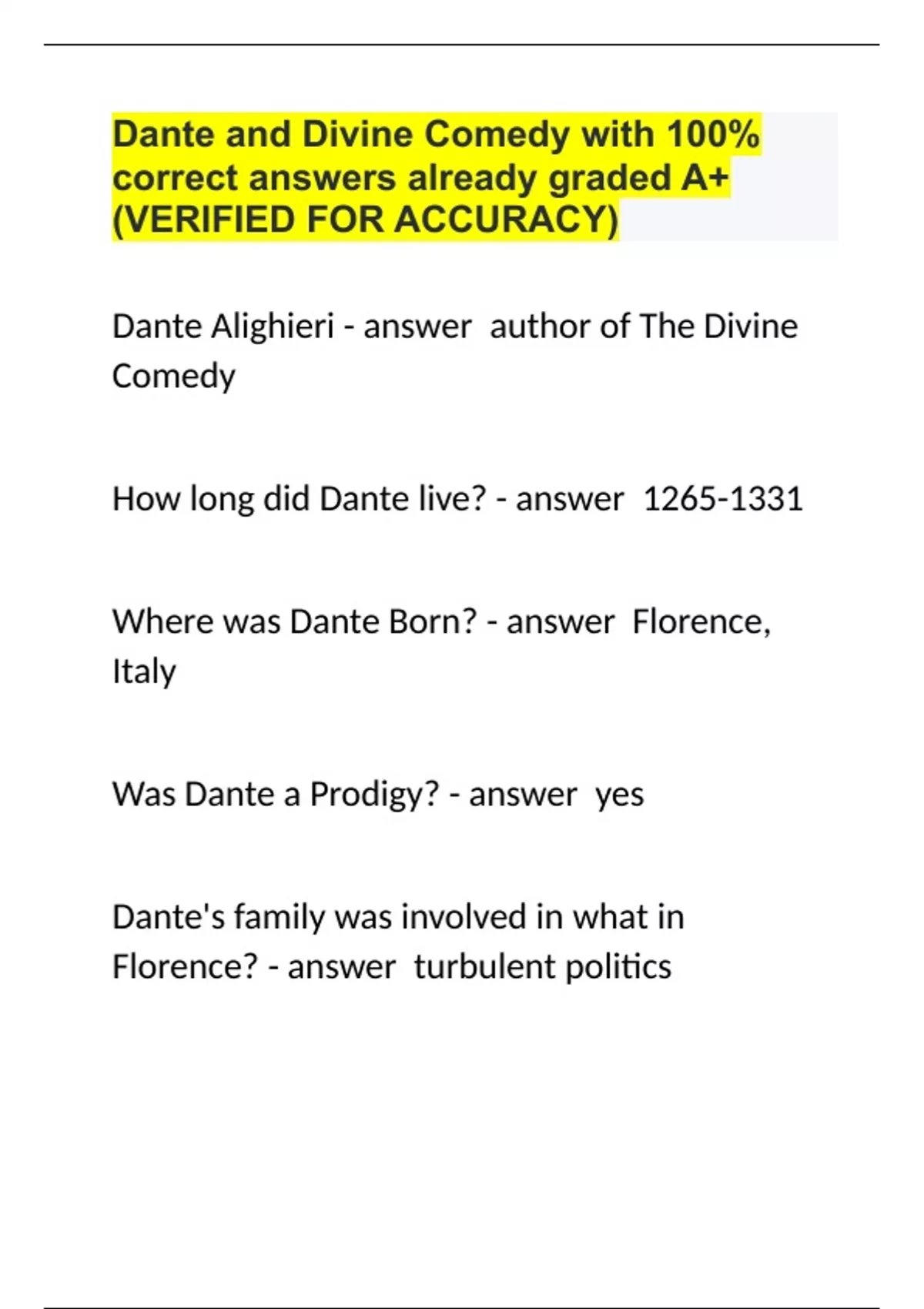 Dante and Divine Comedy with 100% correct answers already graded A+ ...
