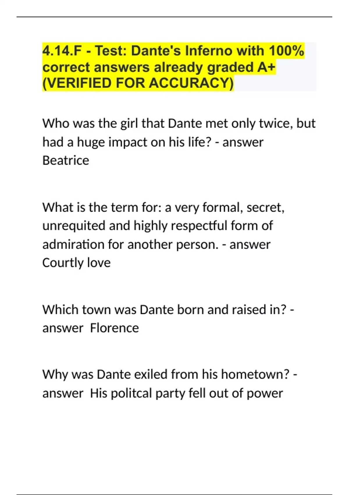 4.14.F - Test: Dante's Inferno with 100% correct answers already graded ...