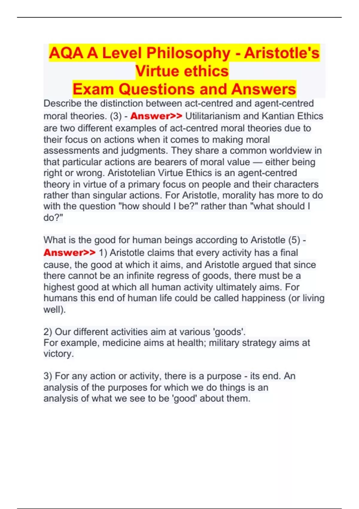 AQA A Level Philosophy - Aristotle's Virtue ethics Exam Questions and Answers - AQA A Level ...