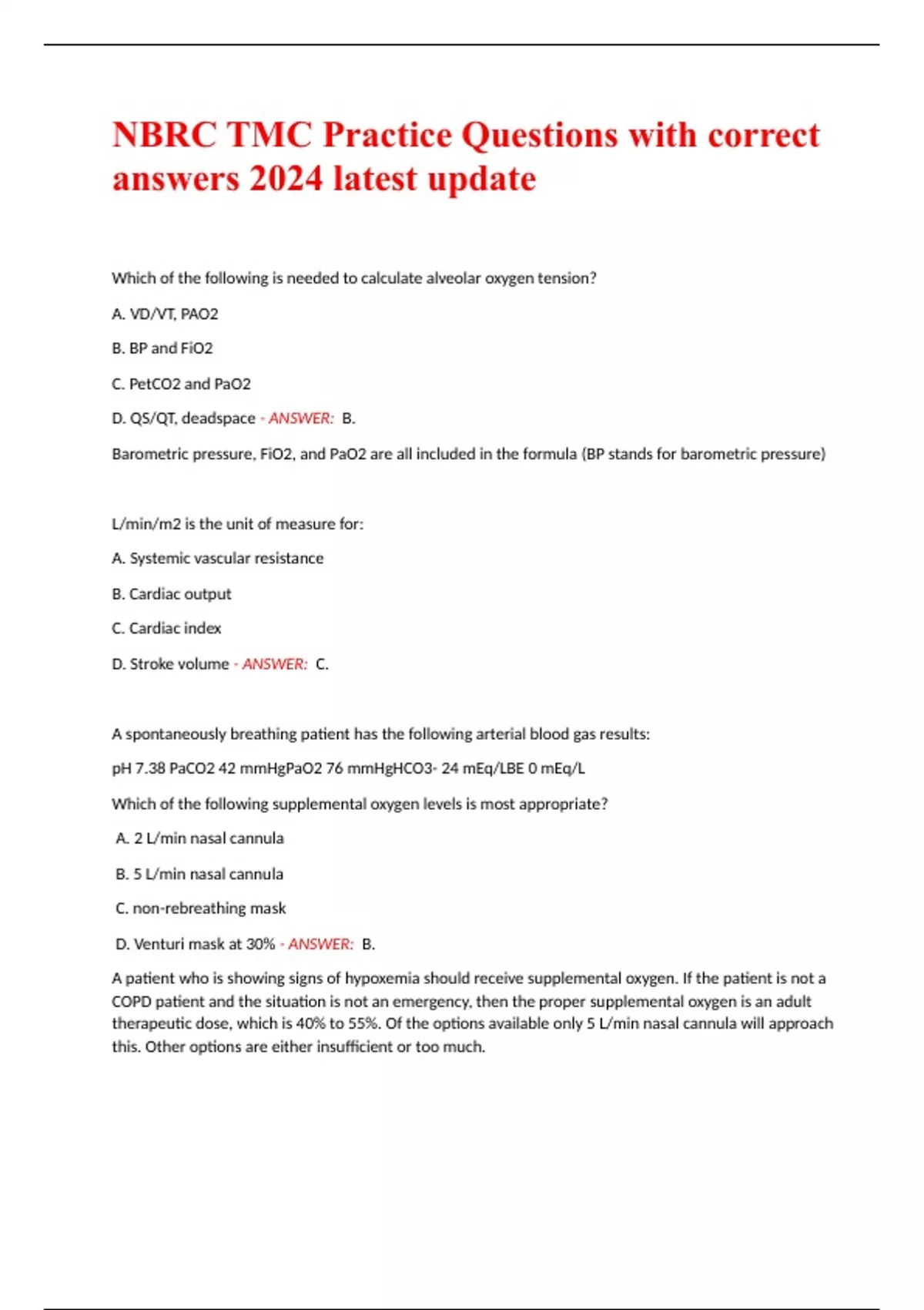NBRC TMC Practice Questions with correct answers 2024 latest update ...