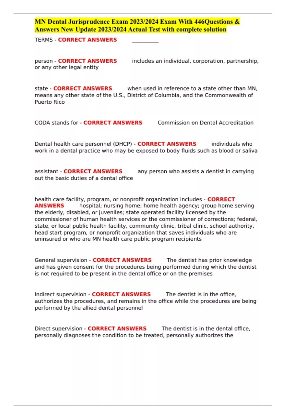 MN Dental Jurisprudence Exam 2023/2024 Exam With 446Questions & Answers ...