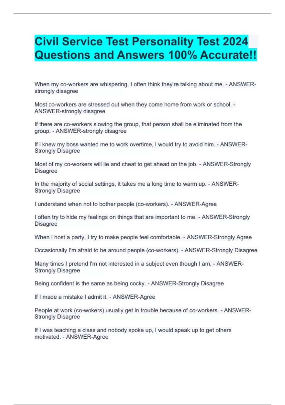 Civil Service Test Personality Test 2024 Questions and Answers 100% ...