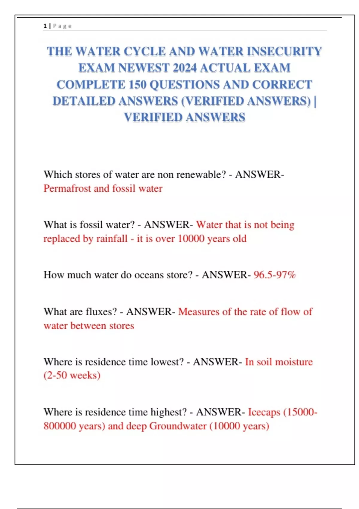 THE WATER CYCLE AND WATER INSECURITY EXAM NEWEST 2024 ACTUAL EXAM ...