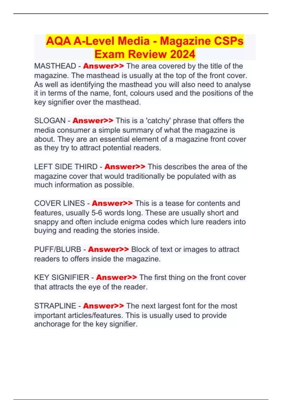 AQA A-Level Media - Magazine CSPs Exam Review 2024 - AQA A LEVEL Media ...