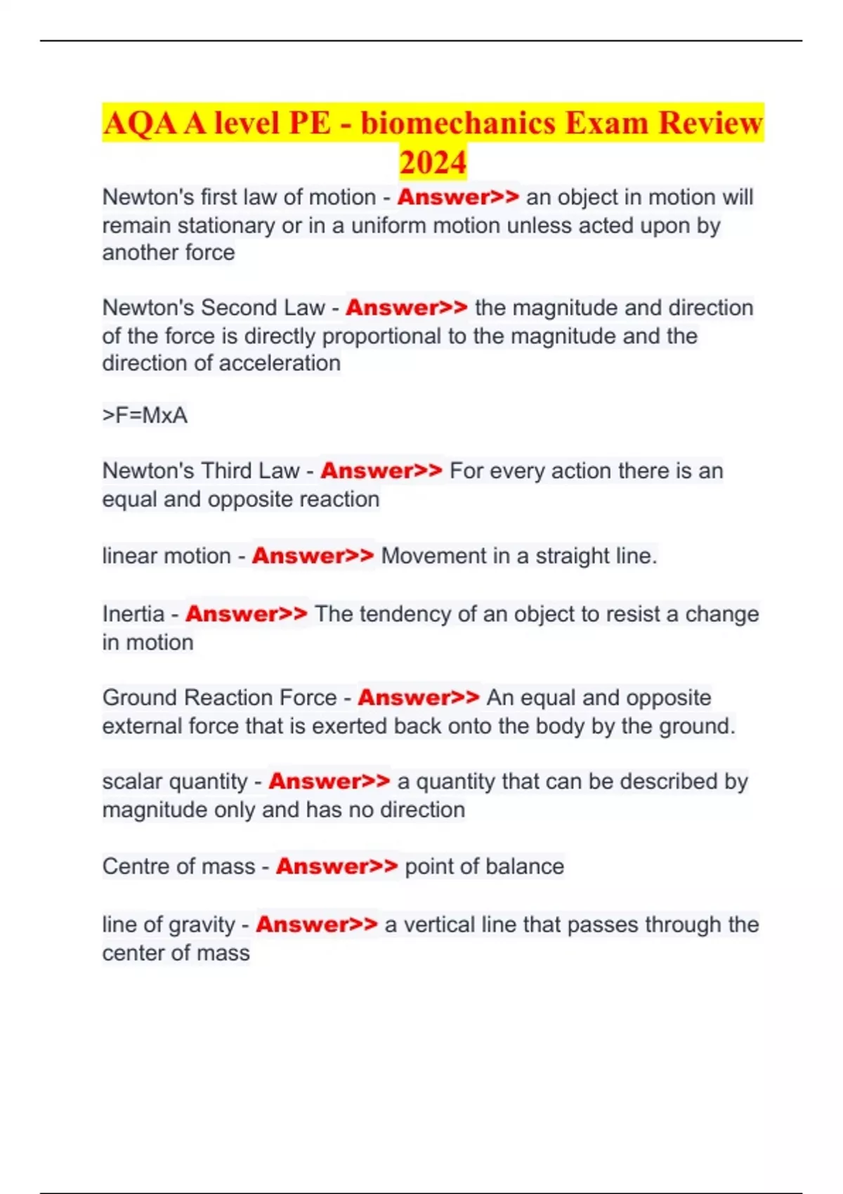 AQA A level PE - biomechanics Exam Review 2024 - AQA A Level Physical ...