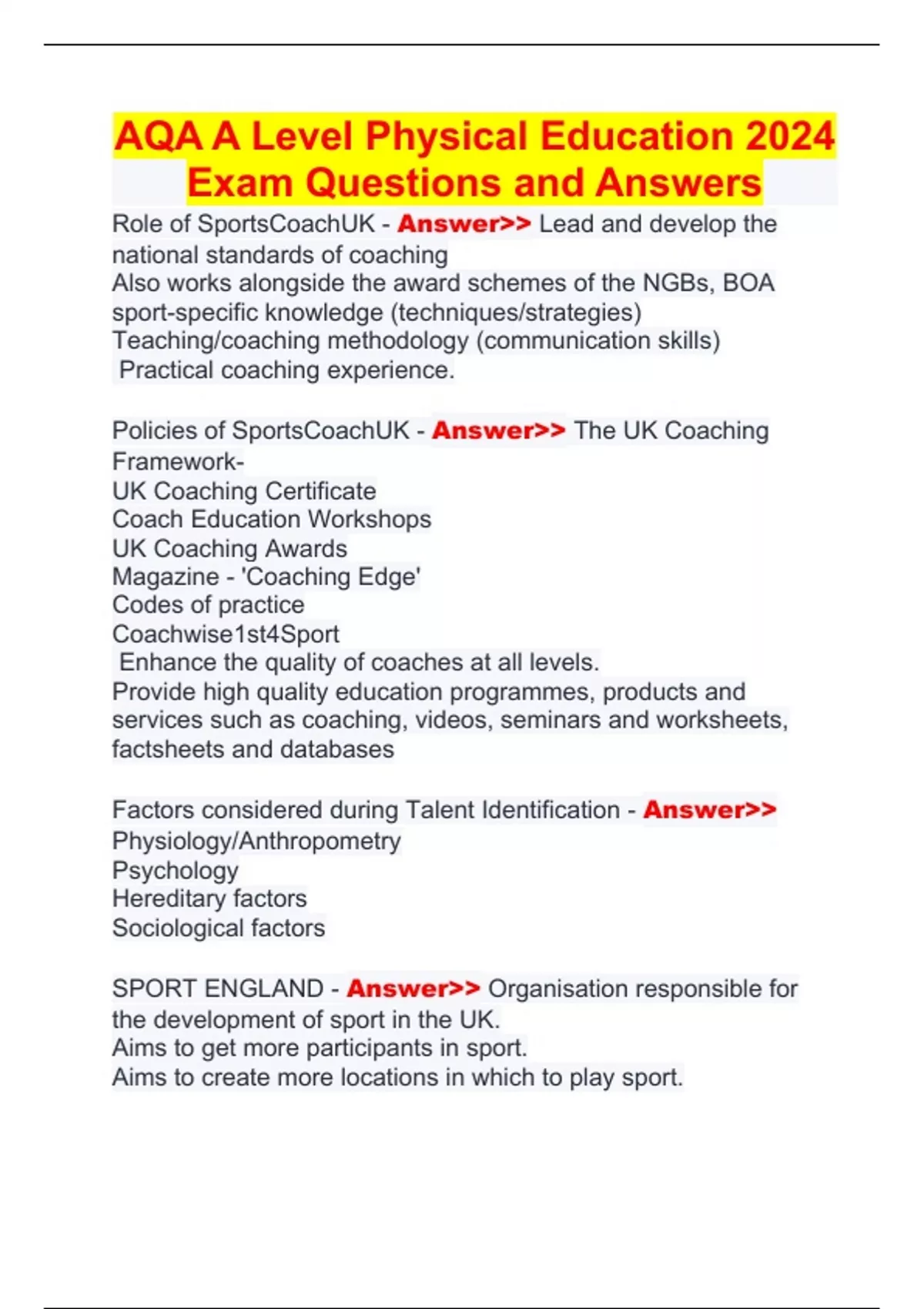AQA A Level Physical Education 2024 Exam Questions and Answers - AQA A Level Physical Education ...