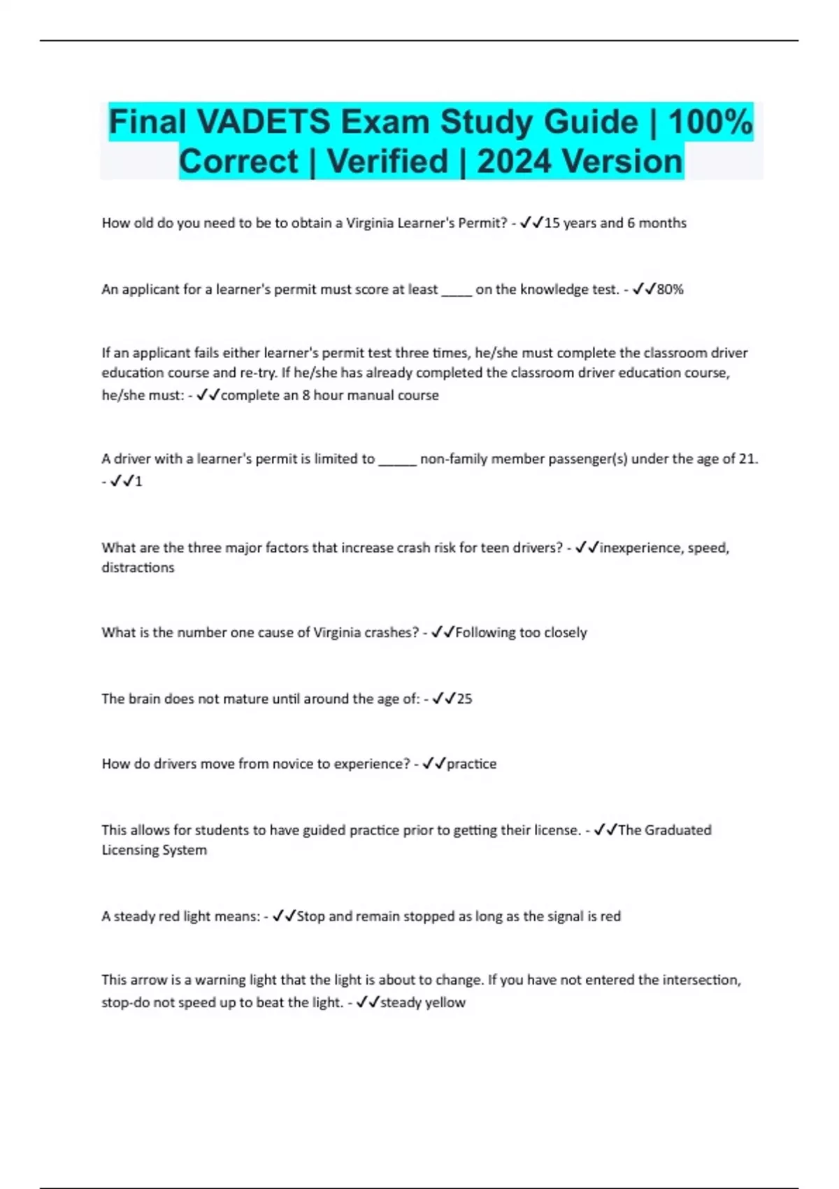Final VADETS Exam Study Guide | 100% Correct | Verified | 2024 Version ...