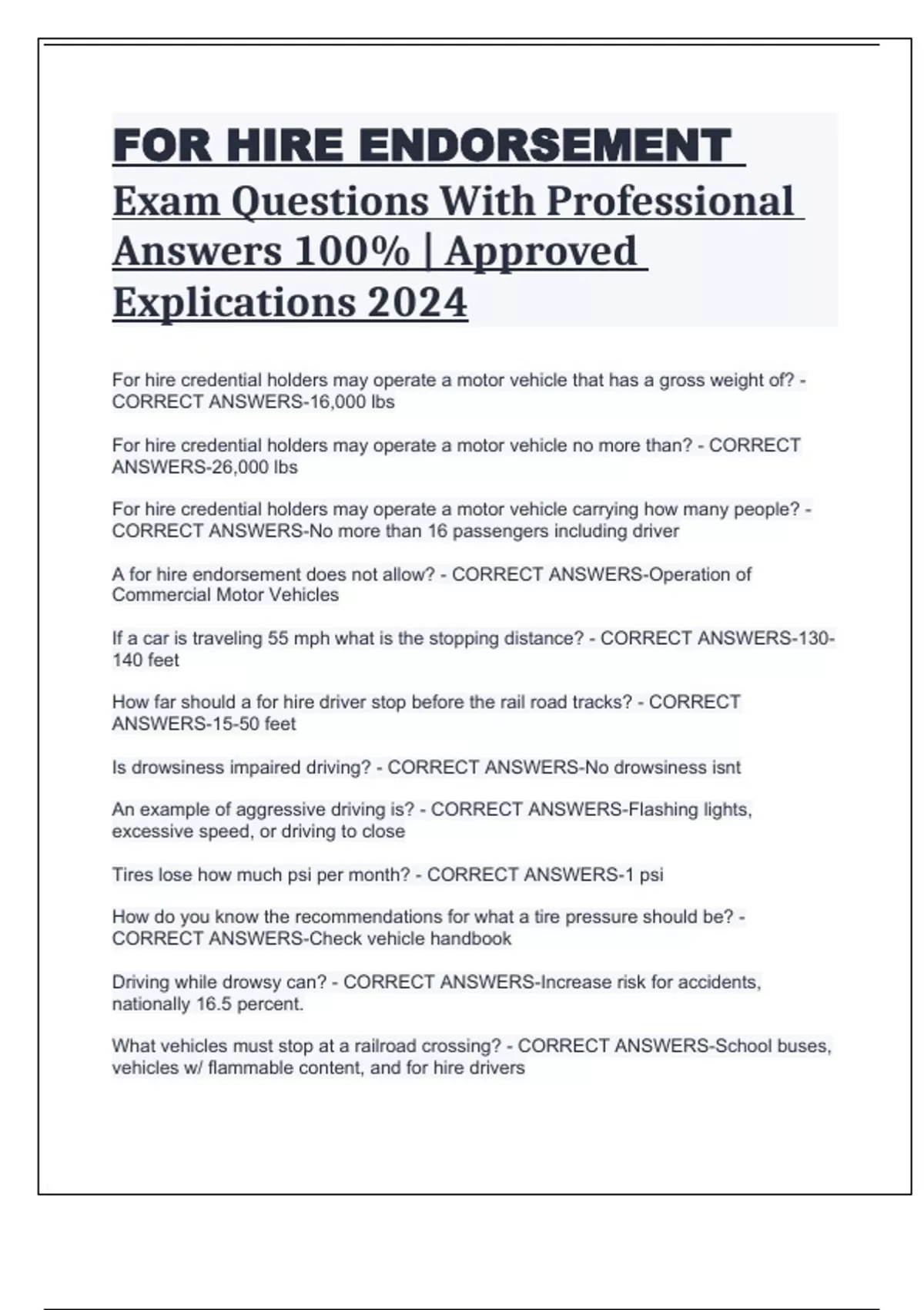 FOR HIRE ENDORSEMENT Exam Questions With Professional Answers 100% ...