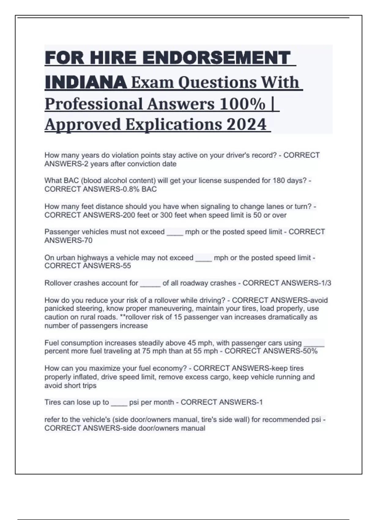 FOR HIRE ENDORSEMENT INDIANA Exam Questions With Professional Answers ...