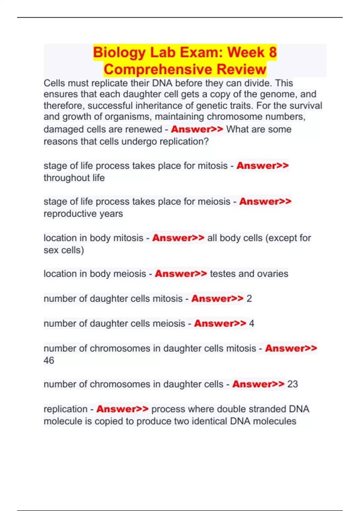 Biology Lab Exam: Week 8 Comprehensive Review - Biology - Stuvia US