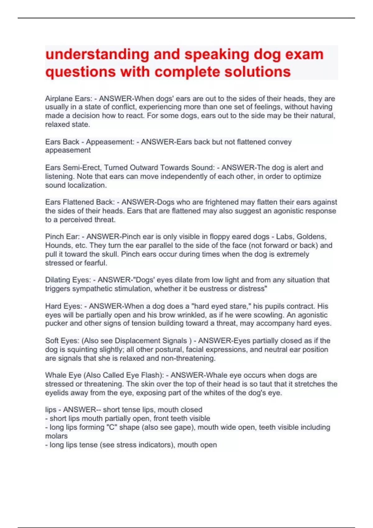 understanding and speaking dog exam questions with complete solutions ...