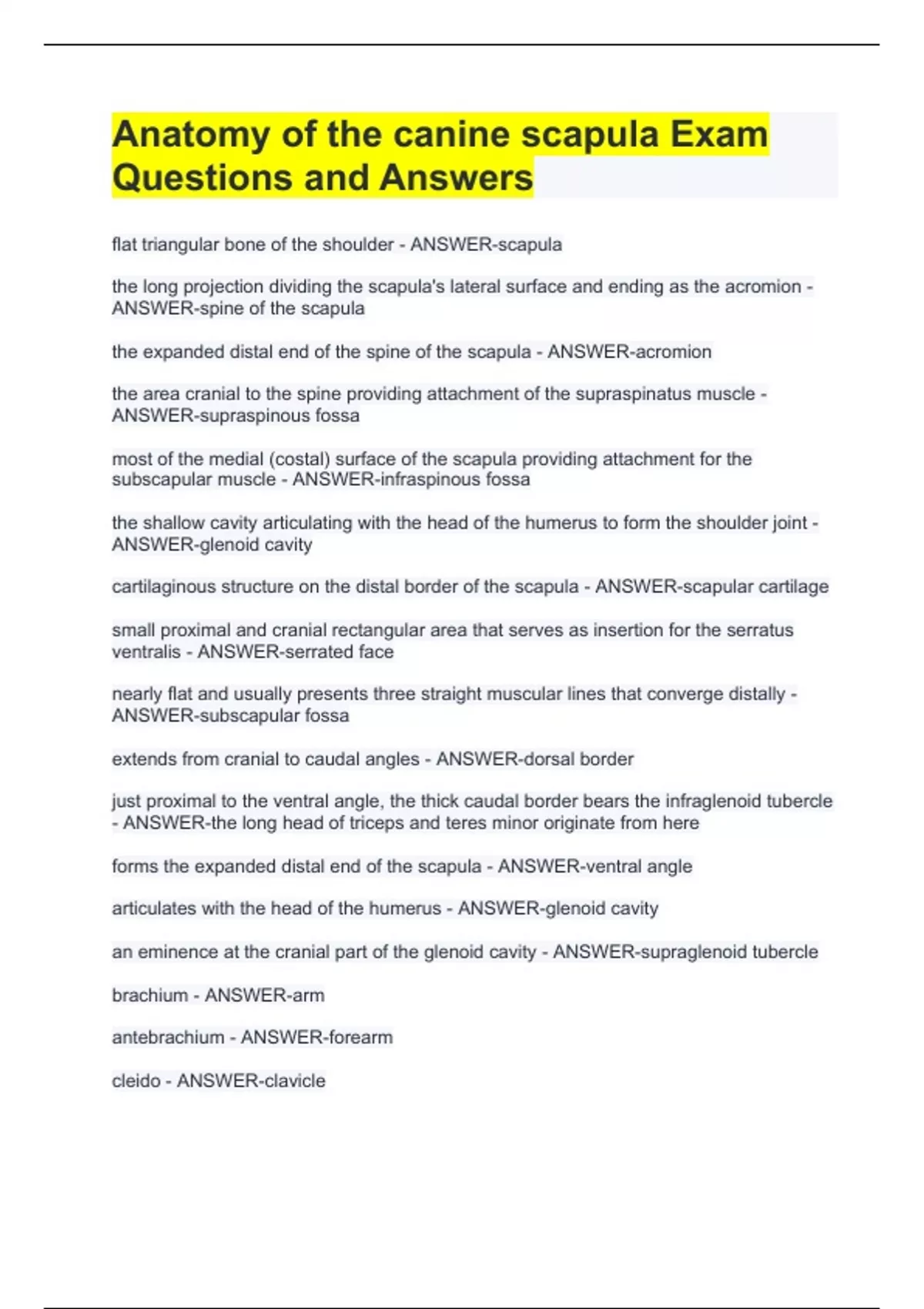 Anatomy of the canine scapula Exam Questions and Answers - The ...