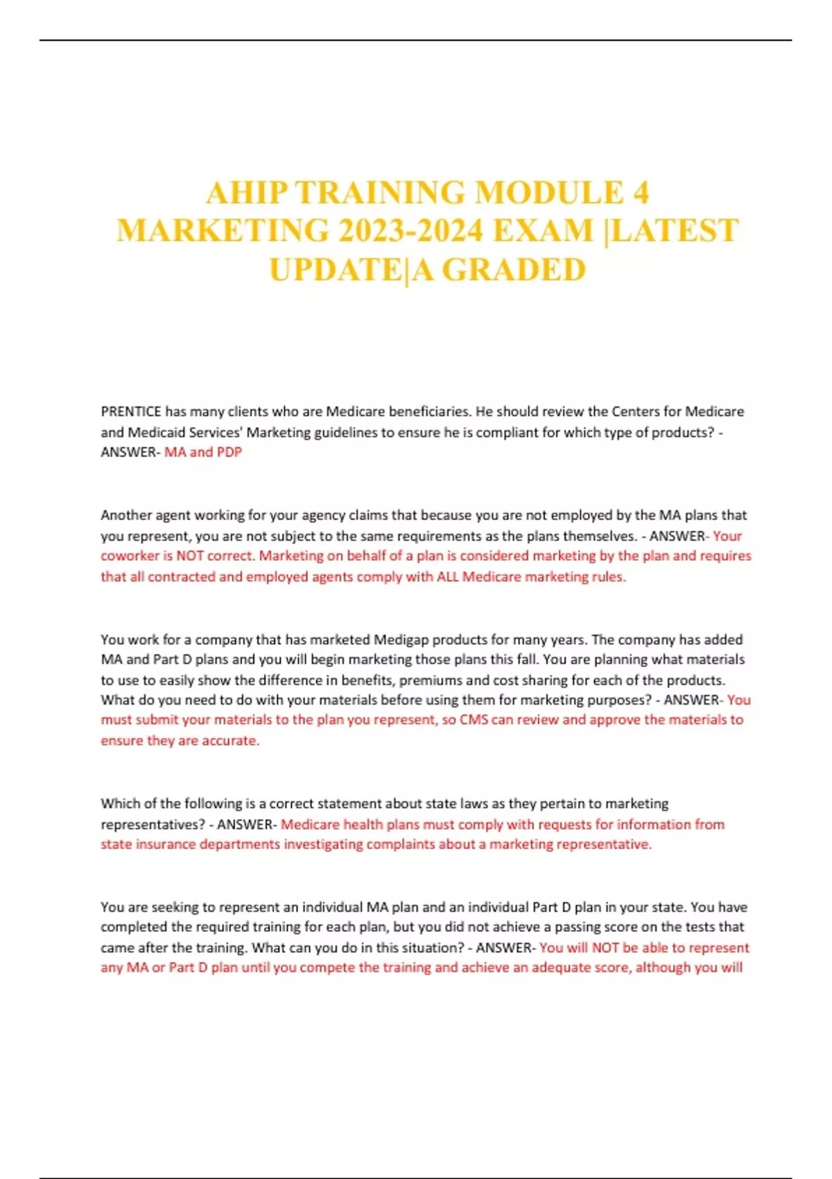 AHIP TRAINING MODULE 4 MARKETING EXAM |LATEST UPDATE|A GRADED - AHIP ...