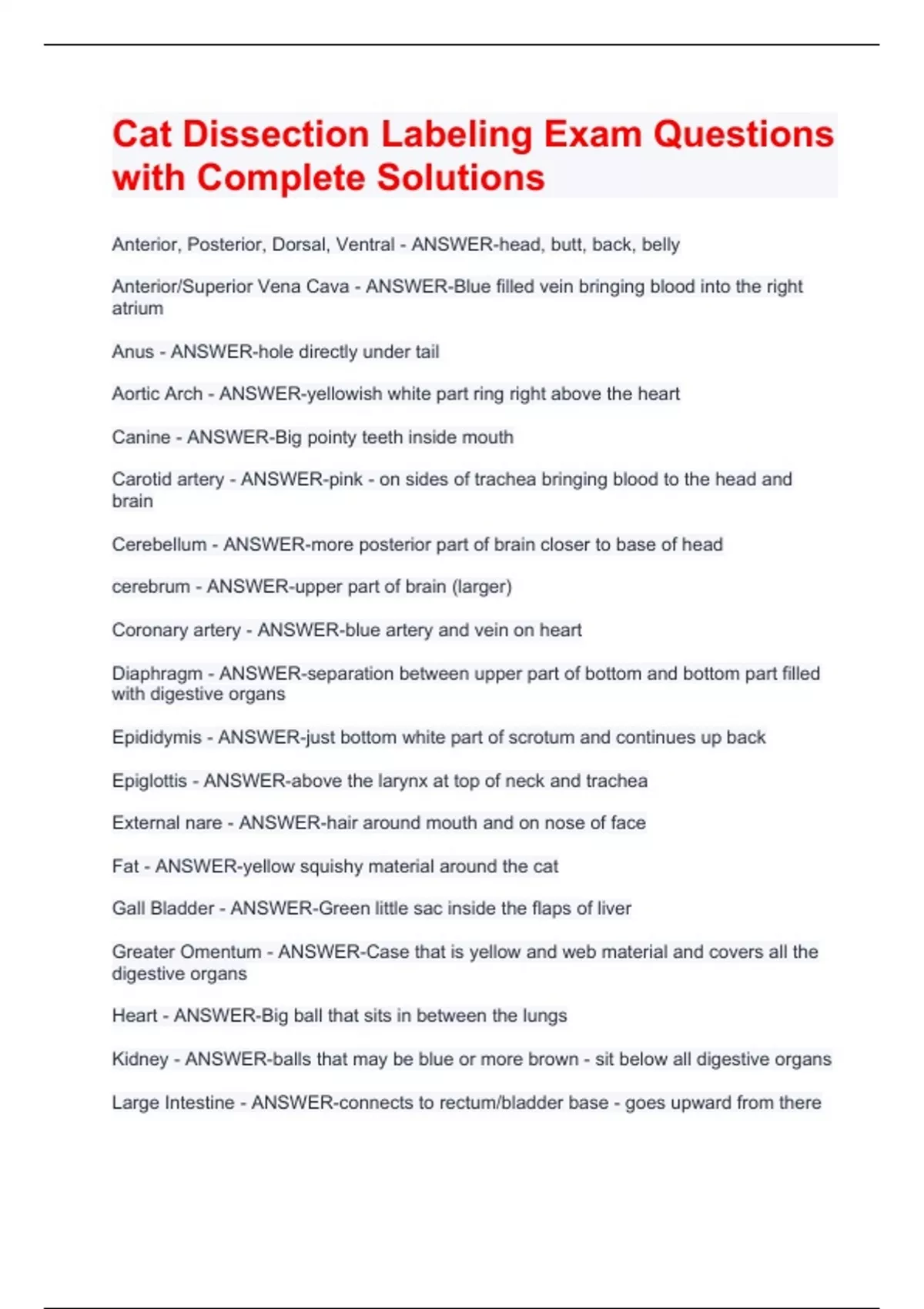 Cat Dissection Labeling Exam Questions with Complete Solutions - The ...