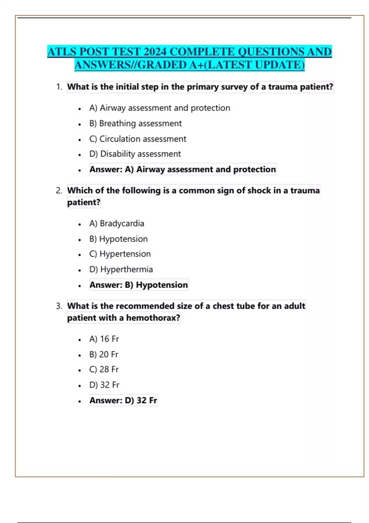 ATLS POST TEST 2024 COMPLETE QUESTIONS AND ANSWERS//GRADED A+(LATEST ...