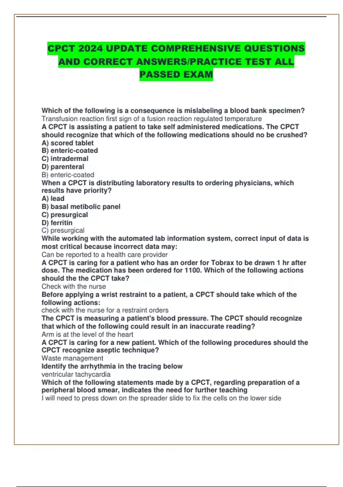 CPCT 2024 UPDATE COMPREHENSIVE QUESTIONS AND CORRECT ANSWERS/PRACTICE ...