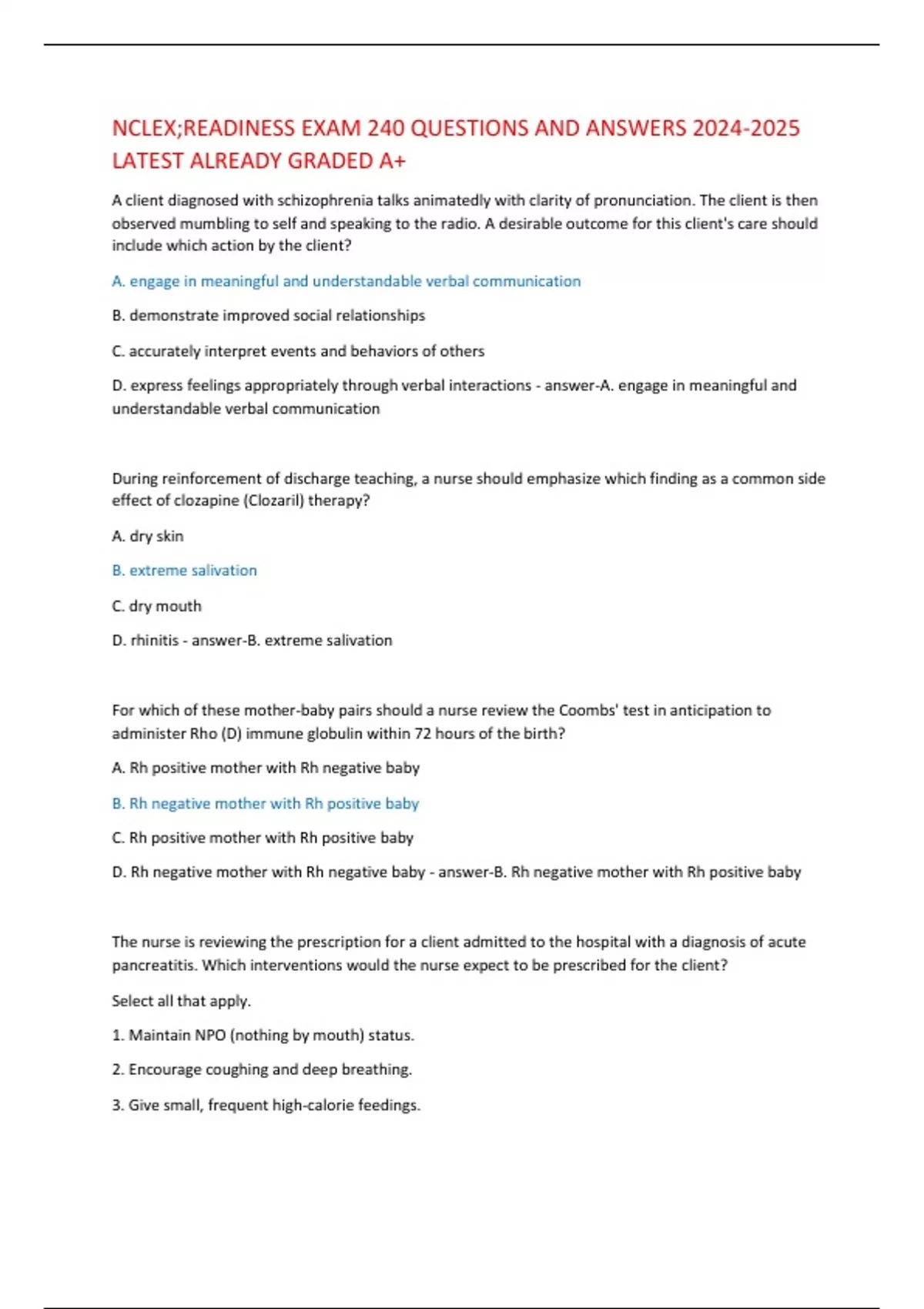 NCLEX;READINESS EXAM 240 QUESTIONS AND ANSWERS LATEST ALREADY GRADED A+ ...