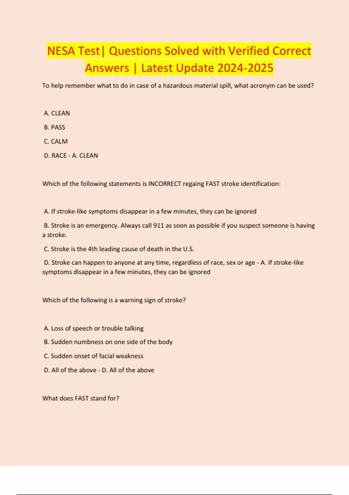 NESA Test| Questions Solved with Verified Correct Answers | Latest ...