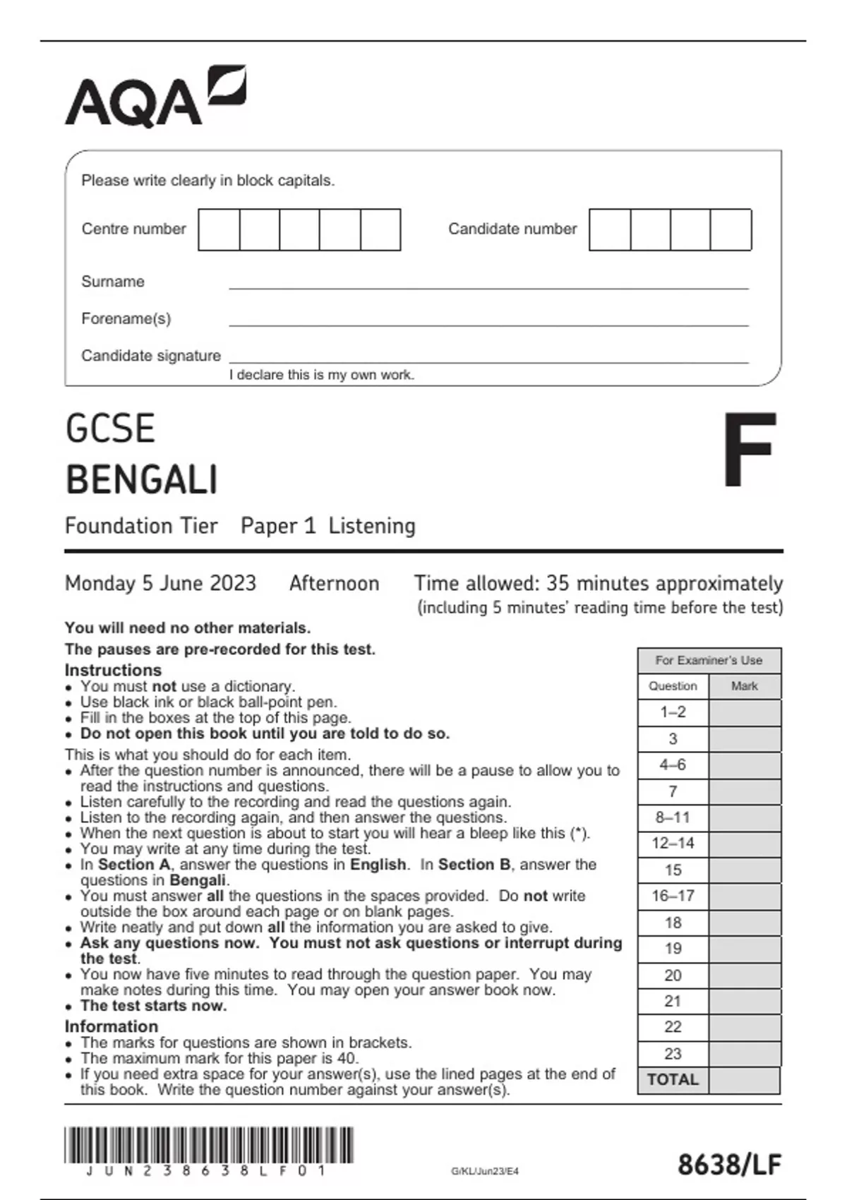2023 AQA GCSE BENGALI FOUNDATION TIER PAPER 1 TEST TRANSCRIPT, QUESTION ...