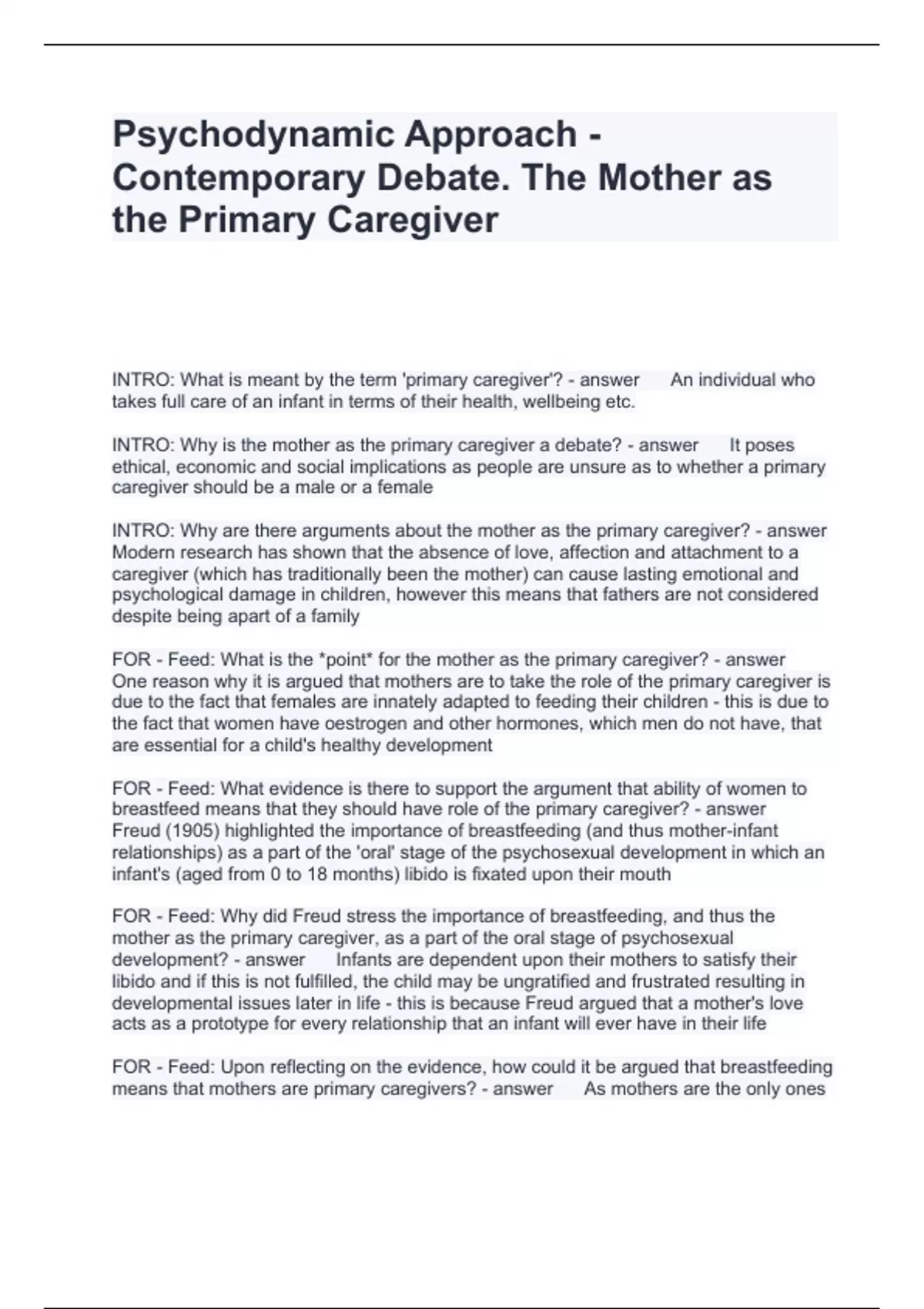 Psychodynamic Approach - Contemporary Debate. The Mother as the Primary ...