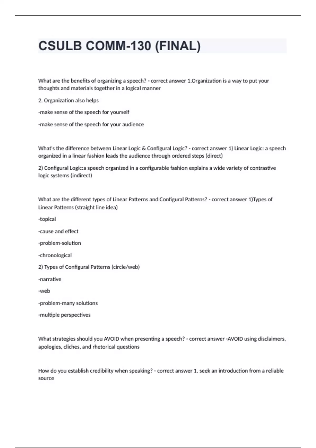 CSULB COMM-130 (FINAL) questions with complete solutions 2024 - CSULB ...