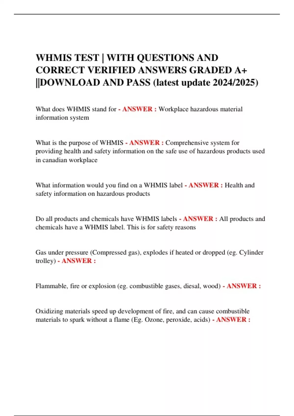 WHMIS TEST | WITH QUESTIONS AND CORRECT VERIFIED ANSWERS GRADED A+ ...