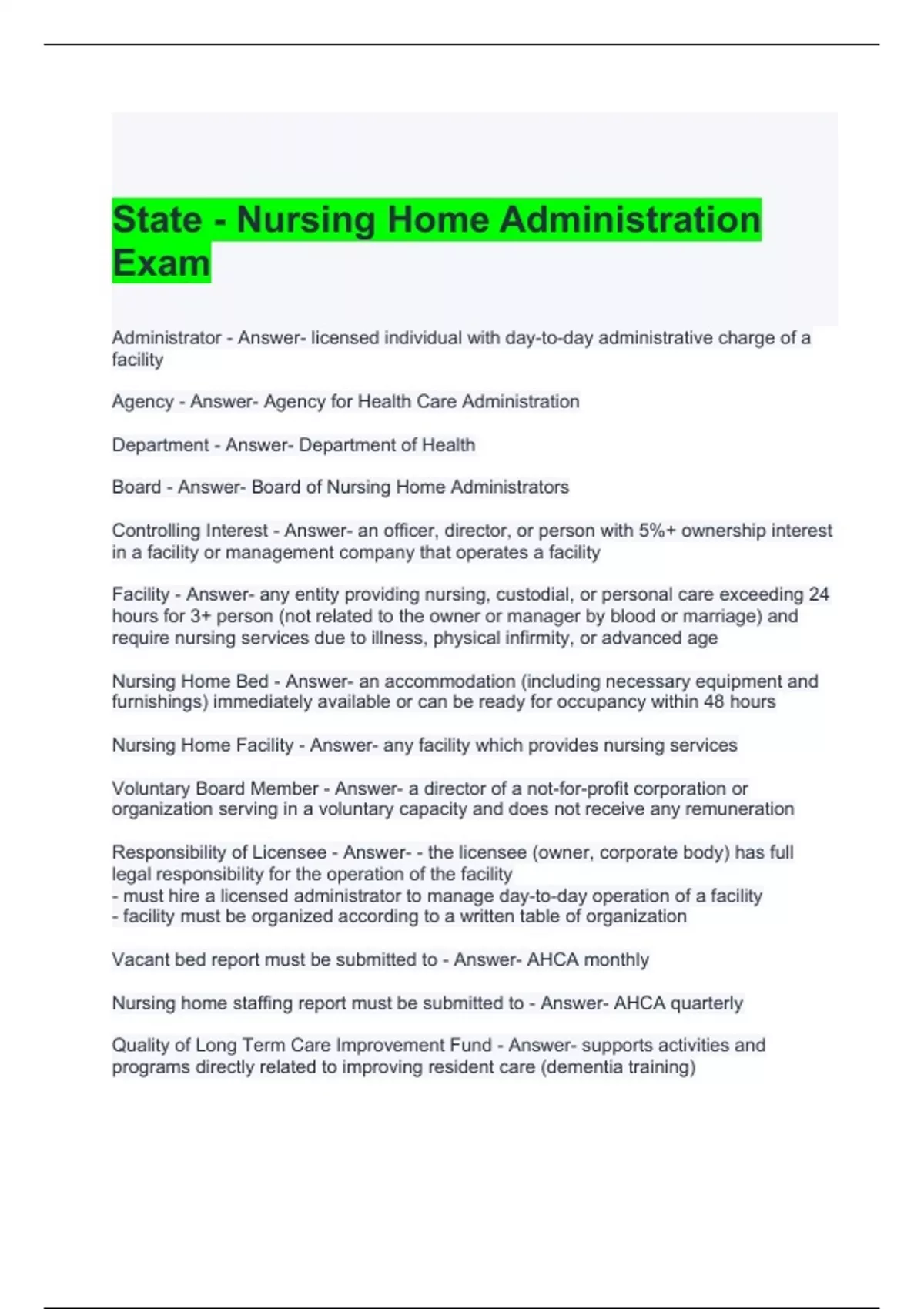 State - Nursing Home Administration Exam Questions and Answers ...