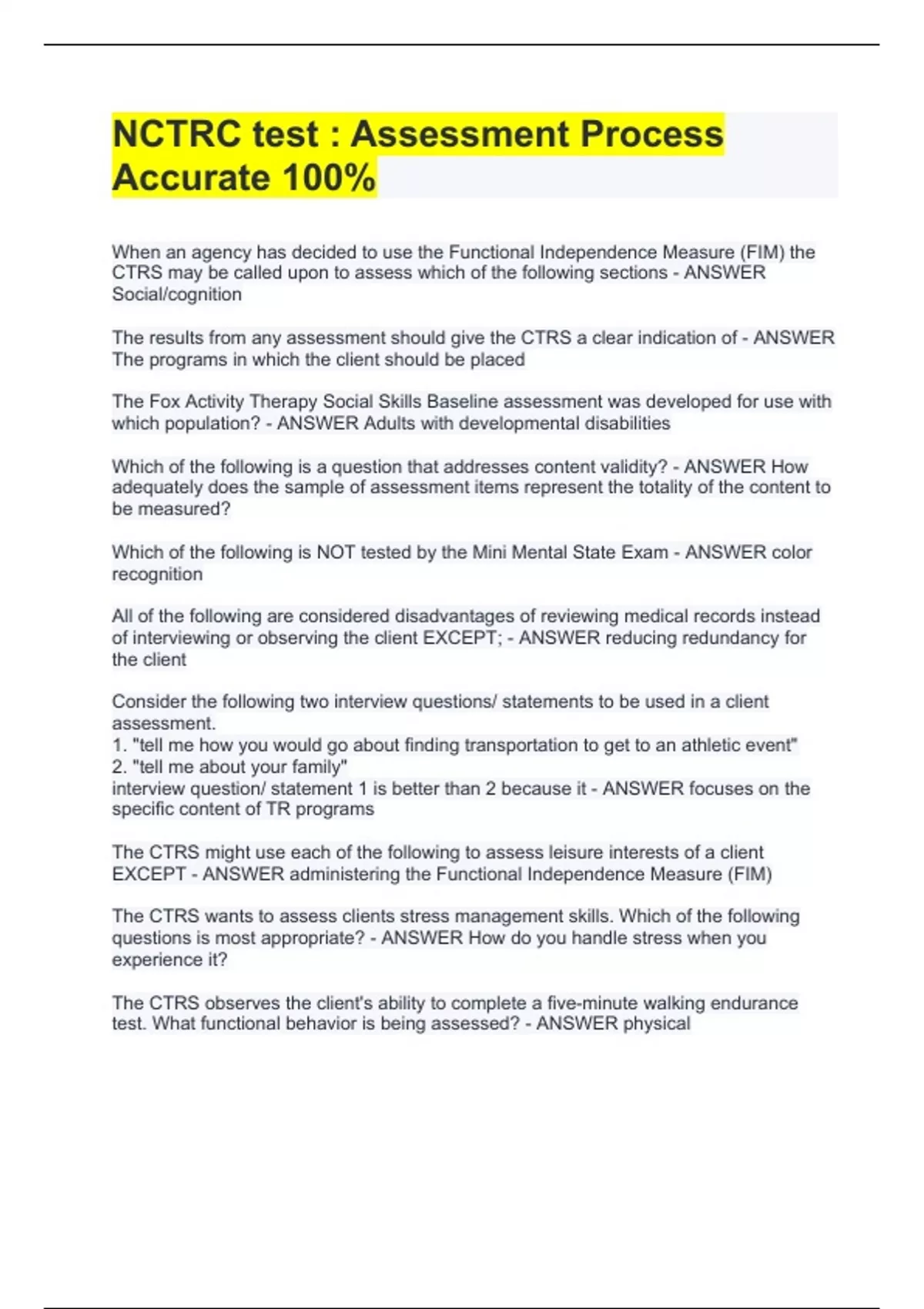 NCTRC test : Assessment Process Accurate 100% - NCTRC - Stuvia US