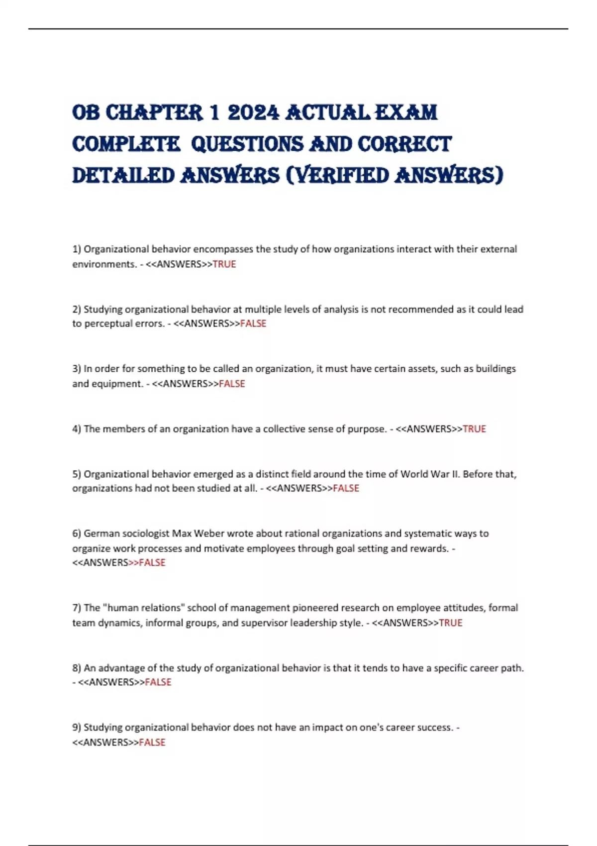 OB CHAPTER 1 2024 ACTUAL EXAM COMPLETE QUESTIONS AND CORRECT DETAILED ANSWERS (VERIFIED ANSWERS ...
