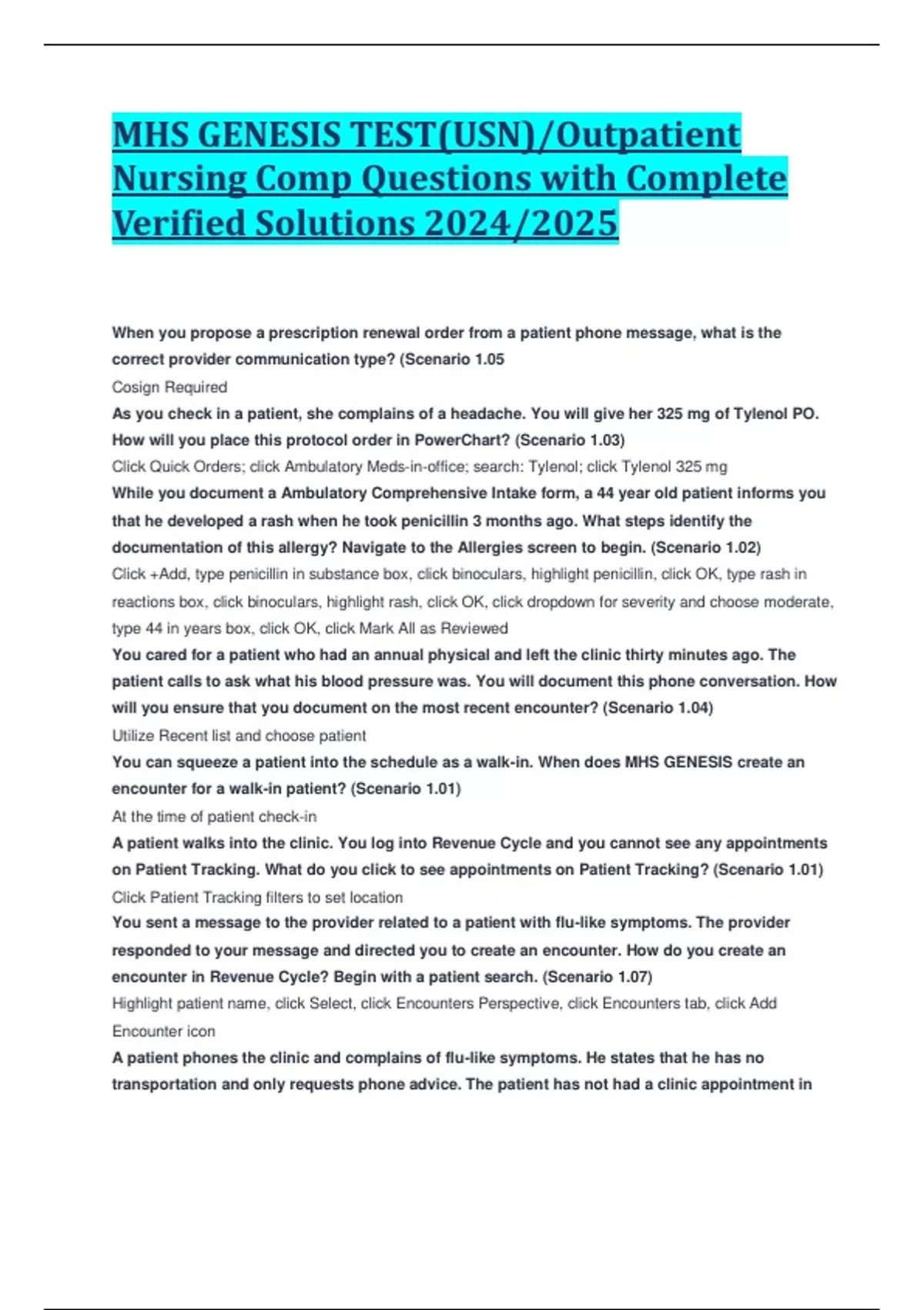 MHS GENESIS TEST(USN)/Outpatient Nursing Comp Questions with Complete ...