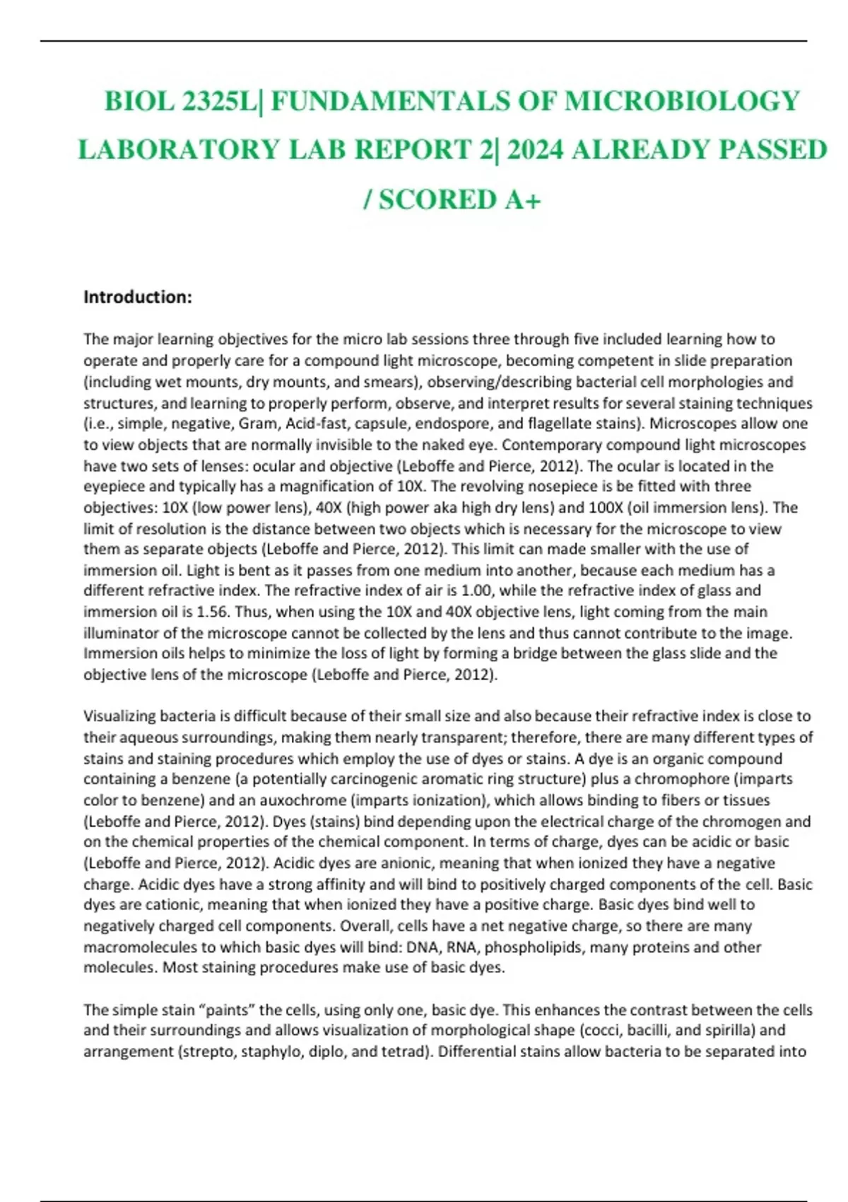 BIOL 2325L| FUNDAMENTALS OF MICROBIOLOGY LABORATORY LAB REPORT 2| 2024 ALREADY PASSED / SCORED ...
