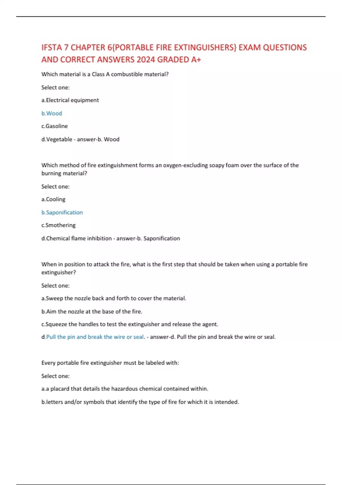 IFSTA 7 CHAPTER 6{PORTABLE FIRE EXTINGUISHERS} EXAM QUESTIONS AND ...