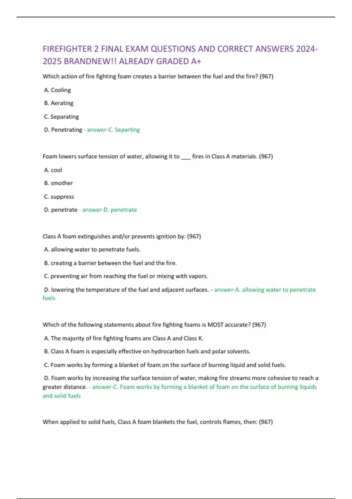 FIREFIGHTER 2 FINAL EXAM QUESTIONS AND CORRECT ANSWERS BRANDNEW!! ALREADY GRADED A+ Which action ...