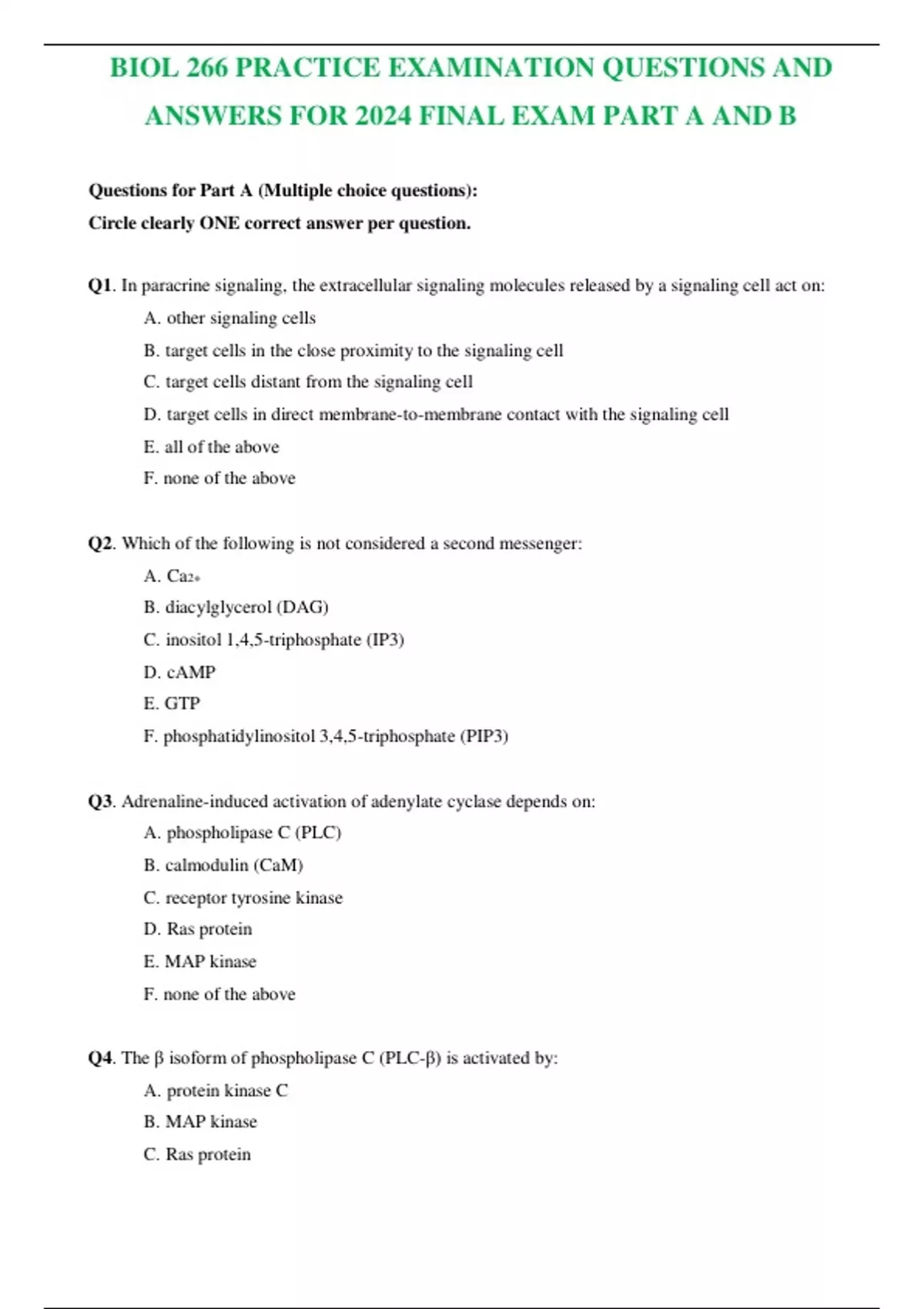BIOL 266 PRACTICE EXAMINATION QUESTIONS AND ANSWERS FOR 2024 FINAL EXAM PART A AND B - BIOL 266 ...