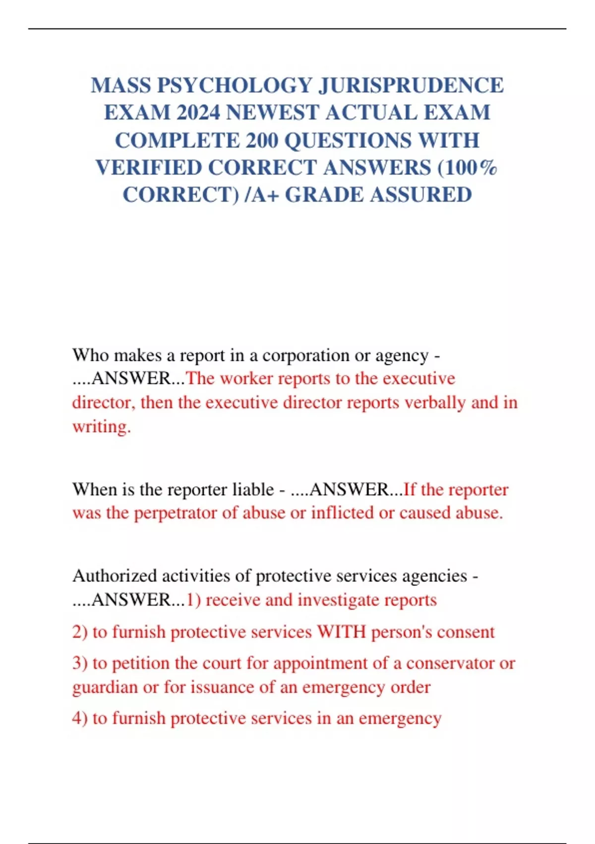 MASS PSYCHOLOGY JURISPRUDENCE EXAM 2024 NEWEST ACTUAL EXAM COMPLETE 200 ...